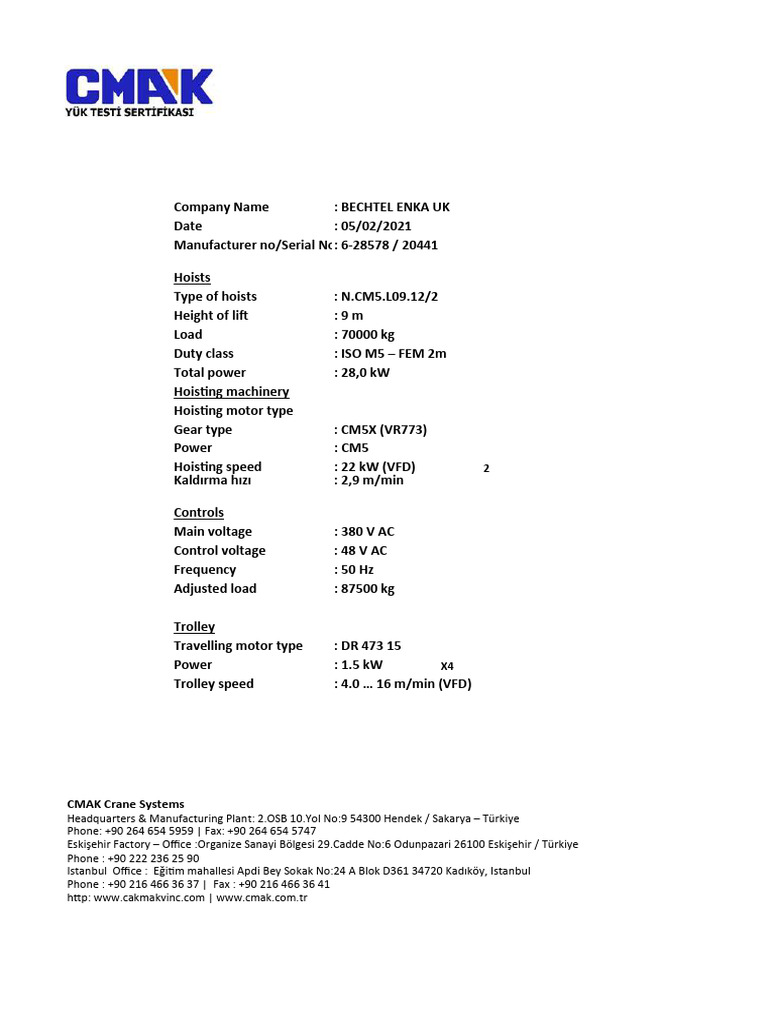 Hoist Test Certificate | PDF