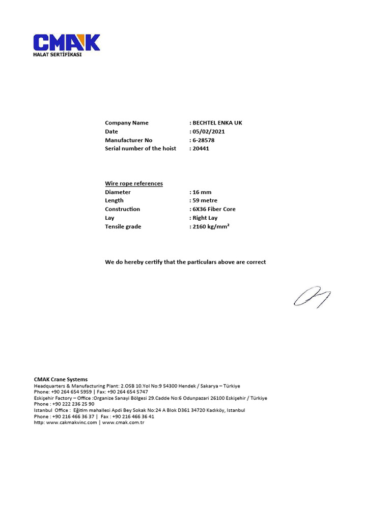 Wire Rope Certificate | PDF