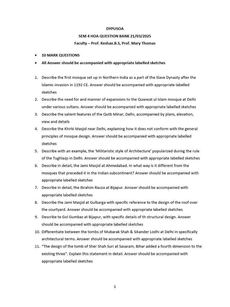 Question Bank HOA Sem4 2025 | PDF | Architectural Styles