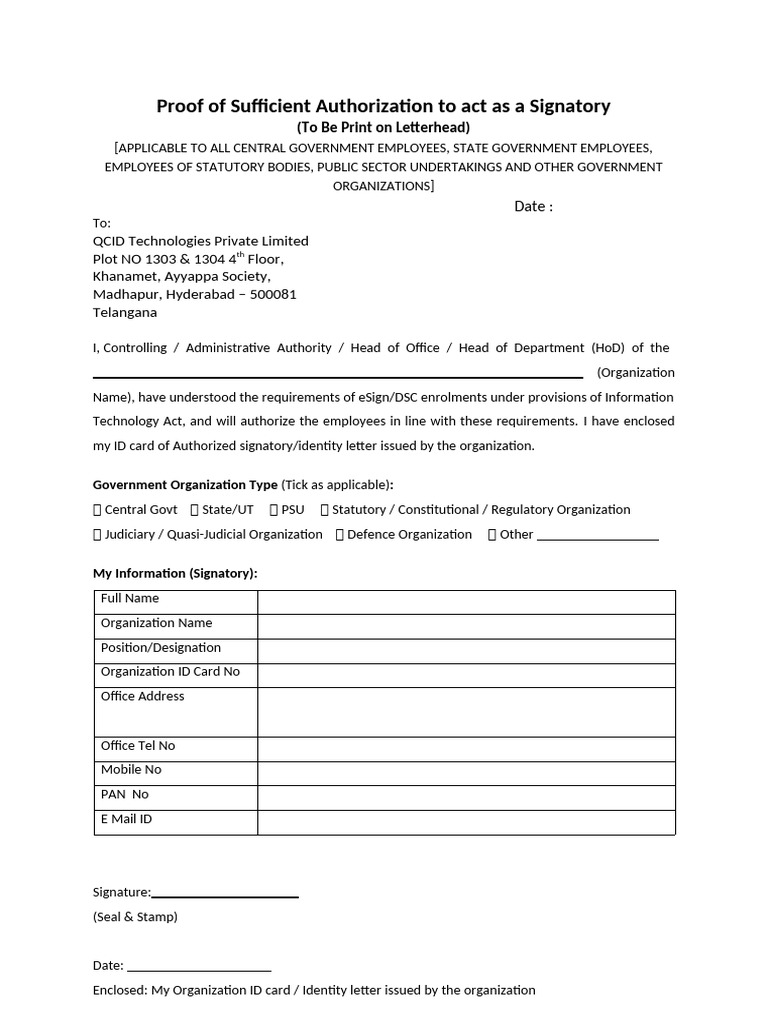 Authorized Signatory Proof Letter | PDF