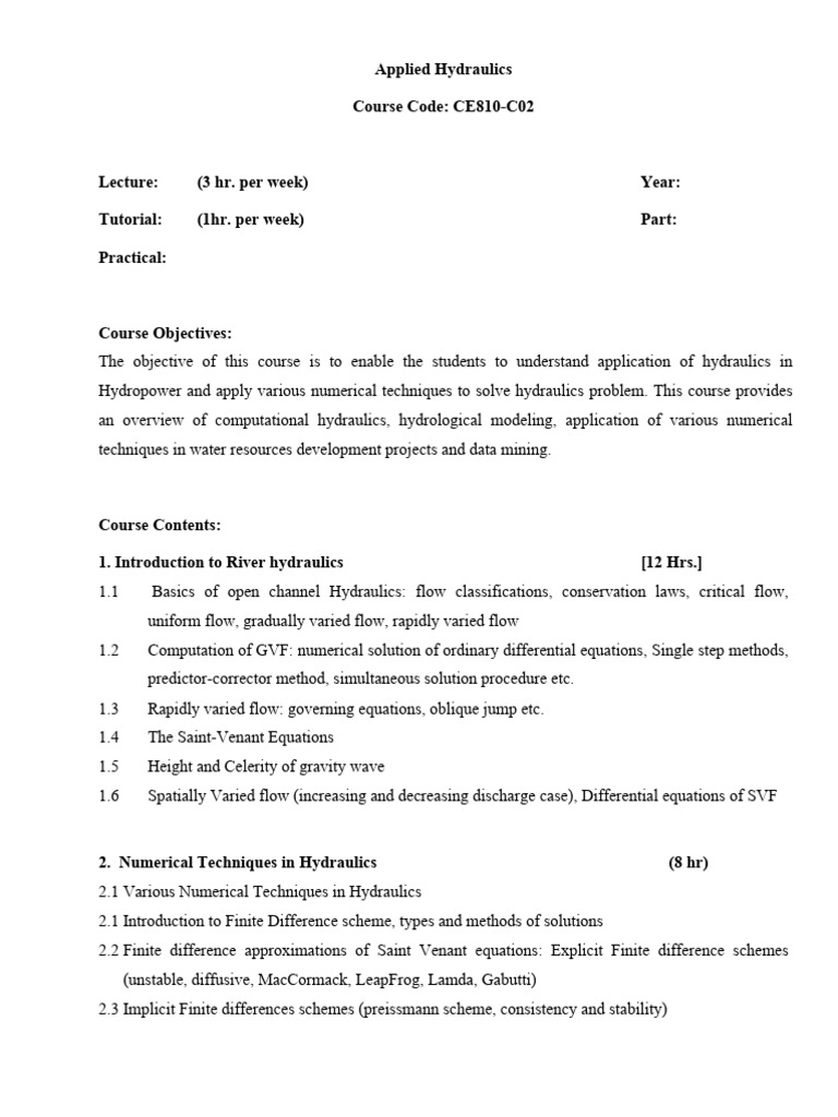 Applied Hydraulics Course Syllabus | PDF | Numerical Analysis | Fluid ...