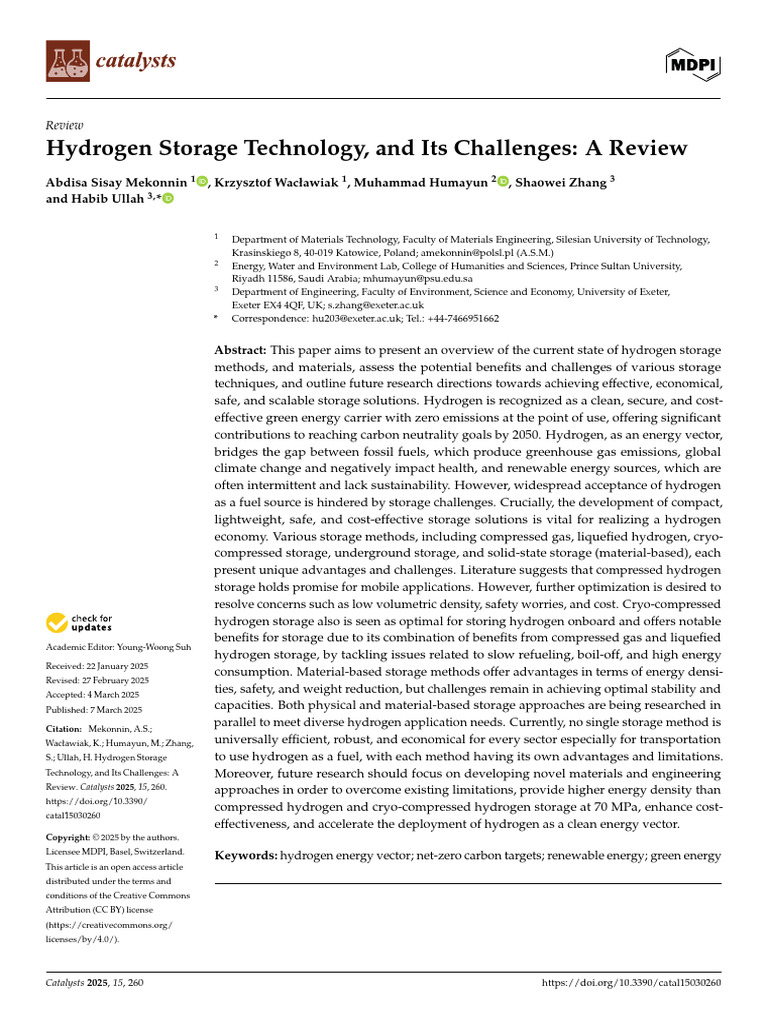 Hydrogen Storage Technology, and Its Challenges - A Review | PDF ...