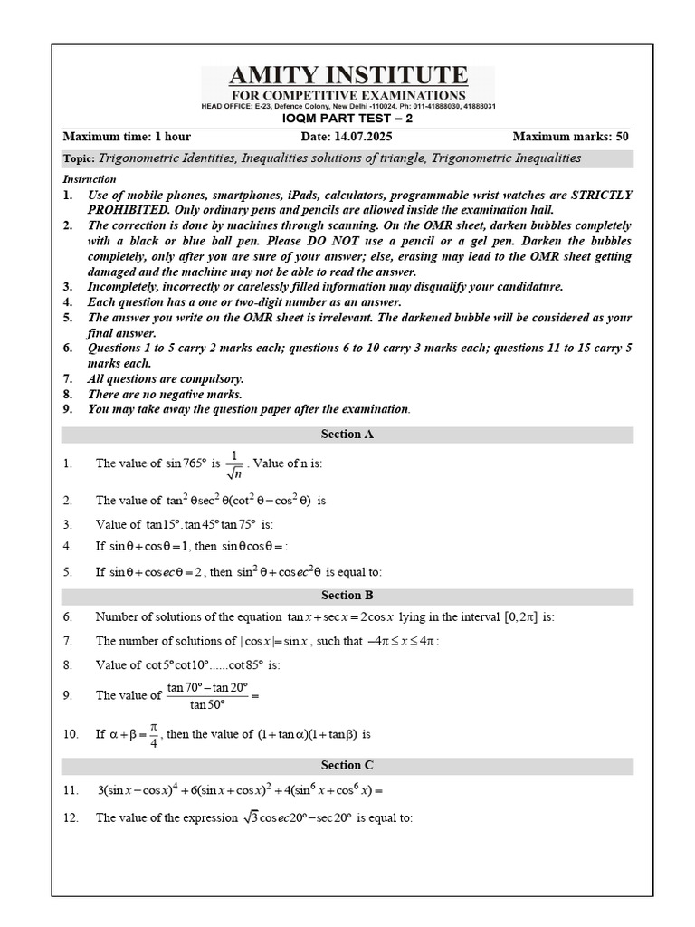 IOQM Part Test-02 (Questions Paper) | PDF