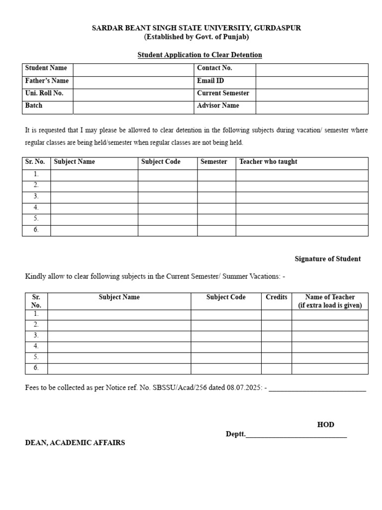 Application for Detained Students | PDF