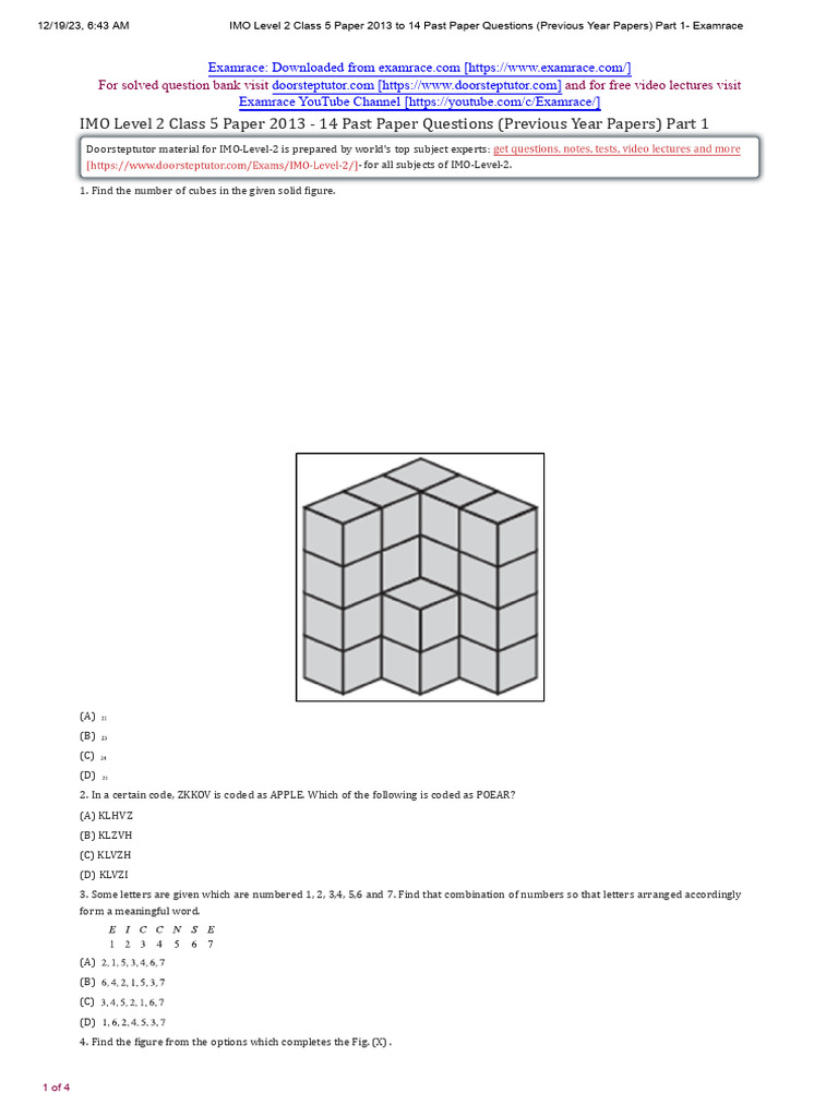 IMO Level 2 Class 5 Paper 2013 14 Part 1 | PDF