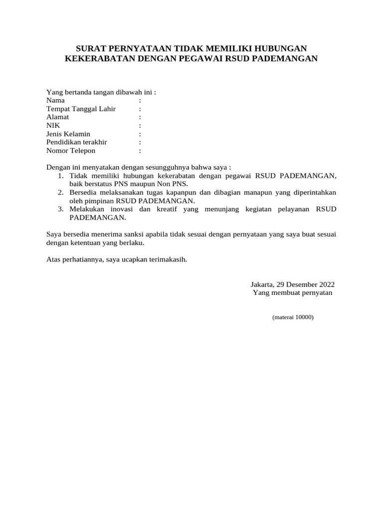Surat Pernyataan Hubungan Keluarga | PDF