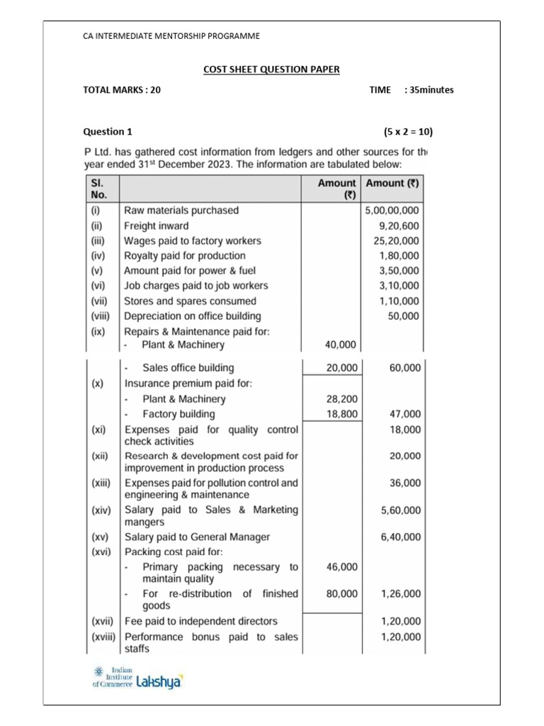 Cost Sheet QP | PDF