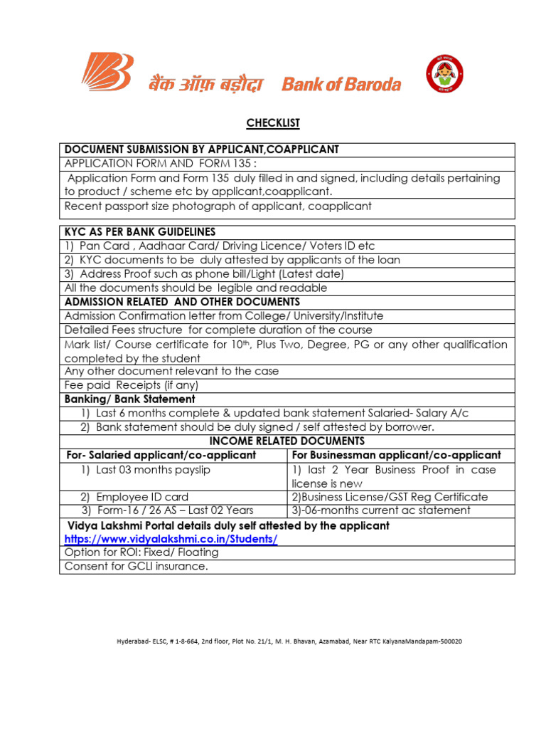 Bank of Baroda Loan Document Checklist | PDF