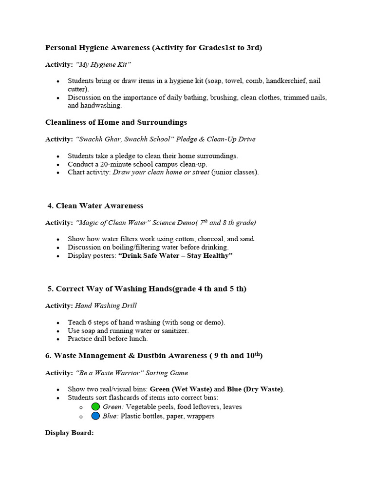Personal Hygiene and Cleanliness Activities | PDF