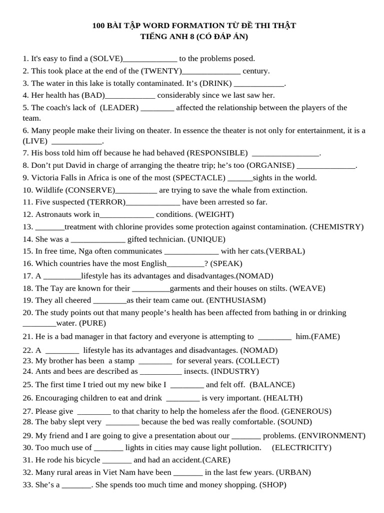 Word Formation Exercises for English 8 | PDF