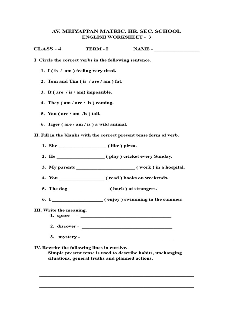 Class 4 English Worksheet | PDF
