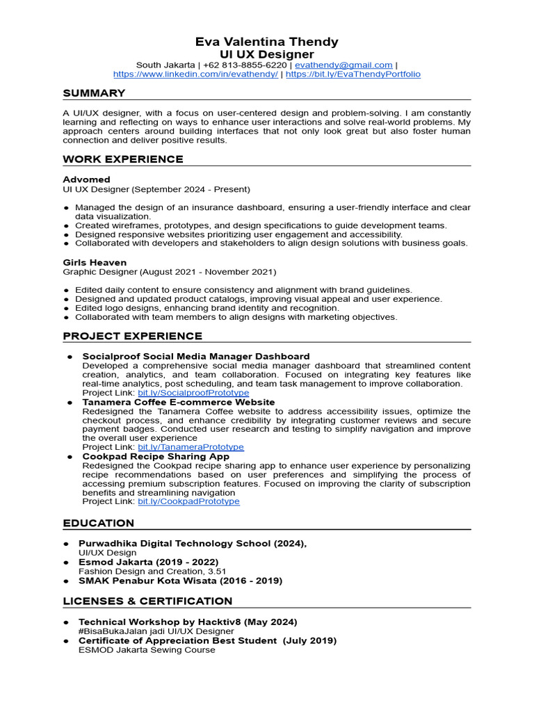 Eva Valentina Thendy: UI/UX Designer CV | PDF | Computing | Design