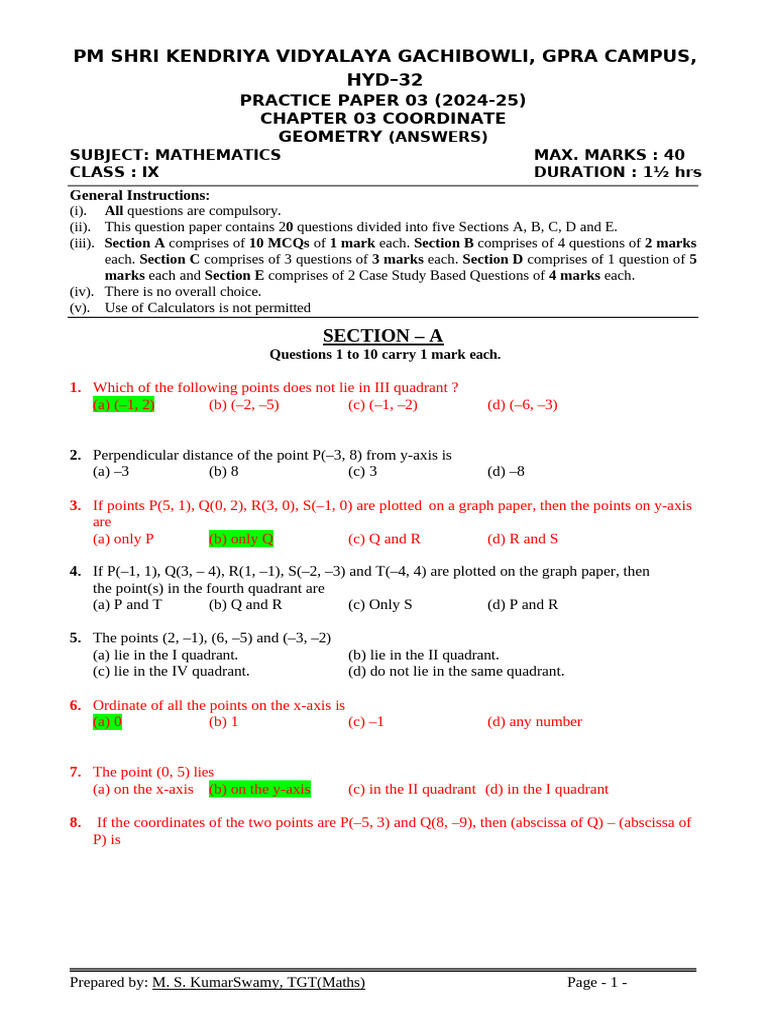 IX Maths Practice Paper: Coordinate Geometry | PDF | Cartesian ...