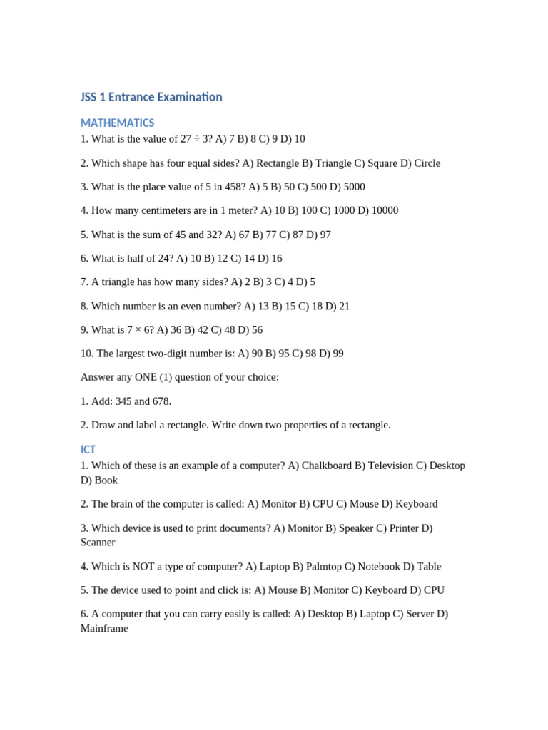 JSS1 Entrance Exam Questions | PDF | Laptop | Desktop Computer