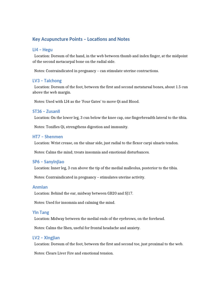 Key Acupuncture Points and Uses | PDF