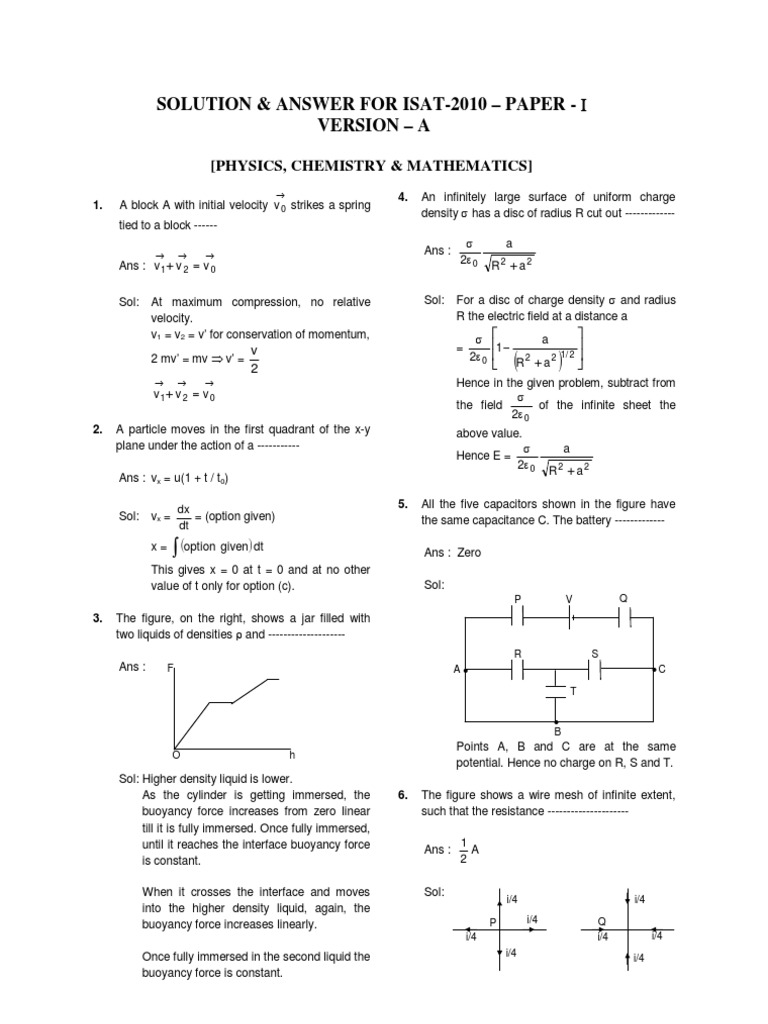 ISAT-2010 Actual Solution Key PAPER 1 Final | PDF | Aromaticity | Capacitor