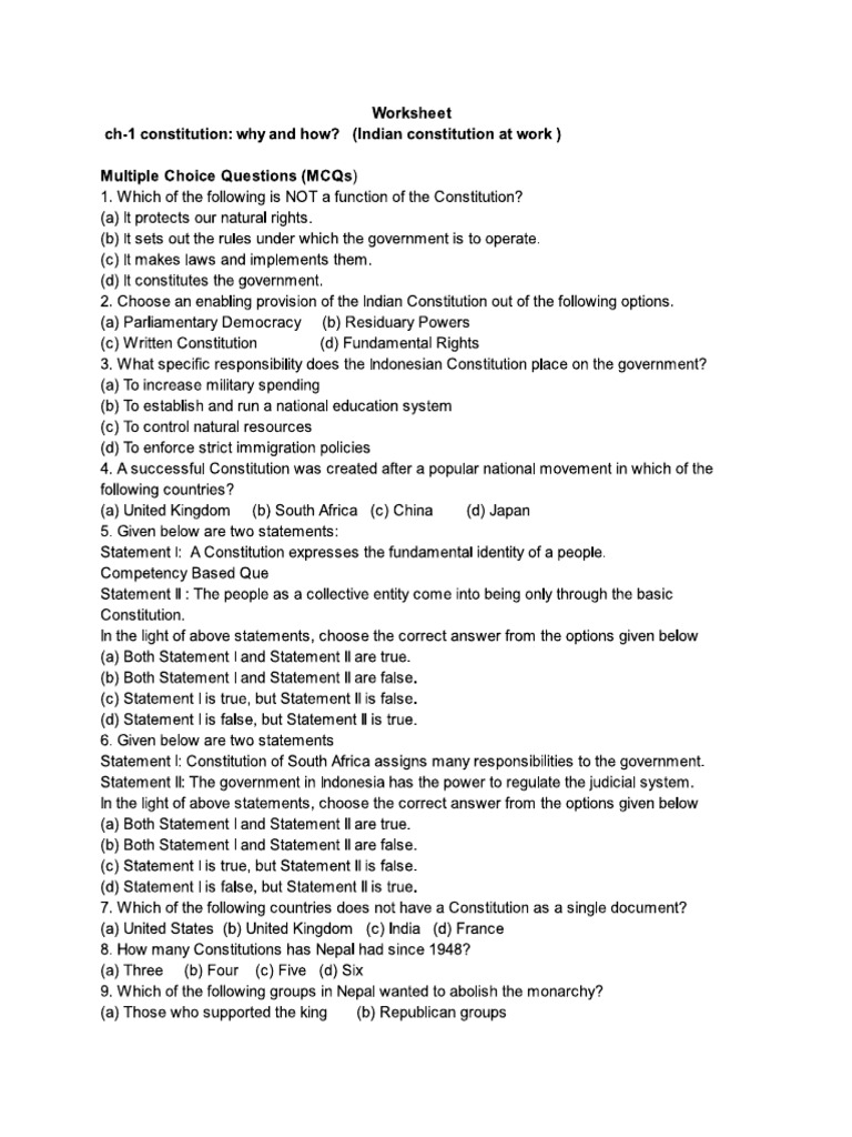 Worksheet ch-1 Constitution | PDF