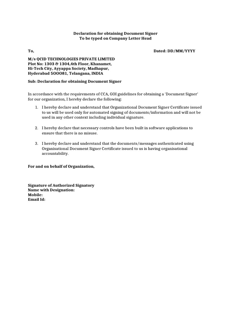Declaration for Document Signer Request | PDF