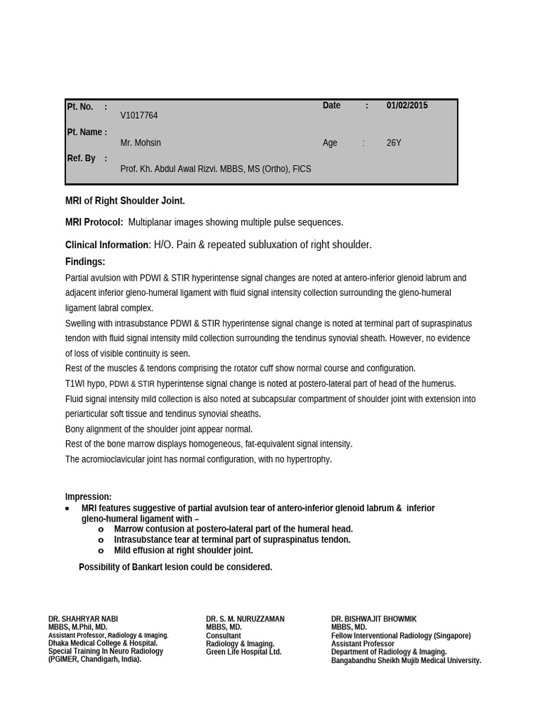 MRI Report: Bankart Lesion Findings | PDF | Shoulder | Joints