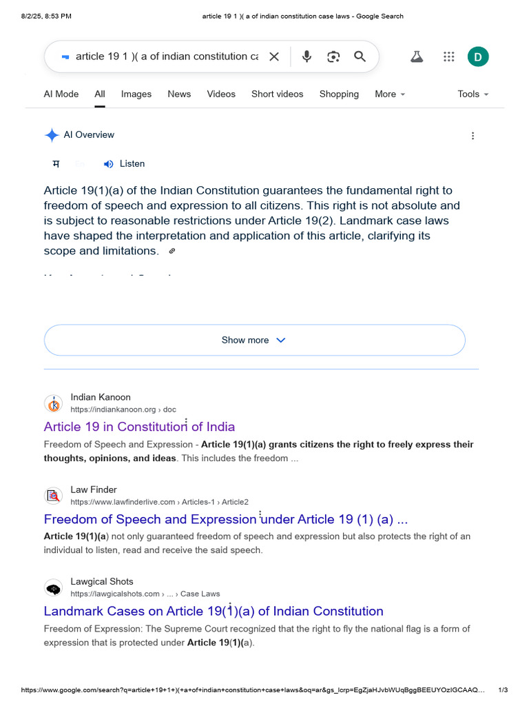 Landmark Cases on Article 19(1)(a) | PDF | Government And Personhood ...
