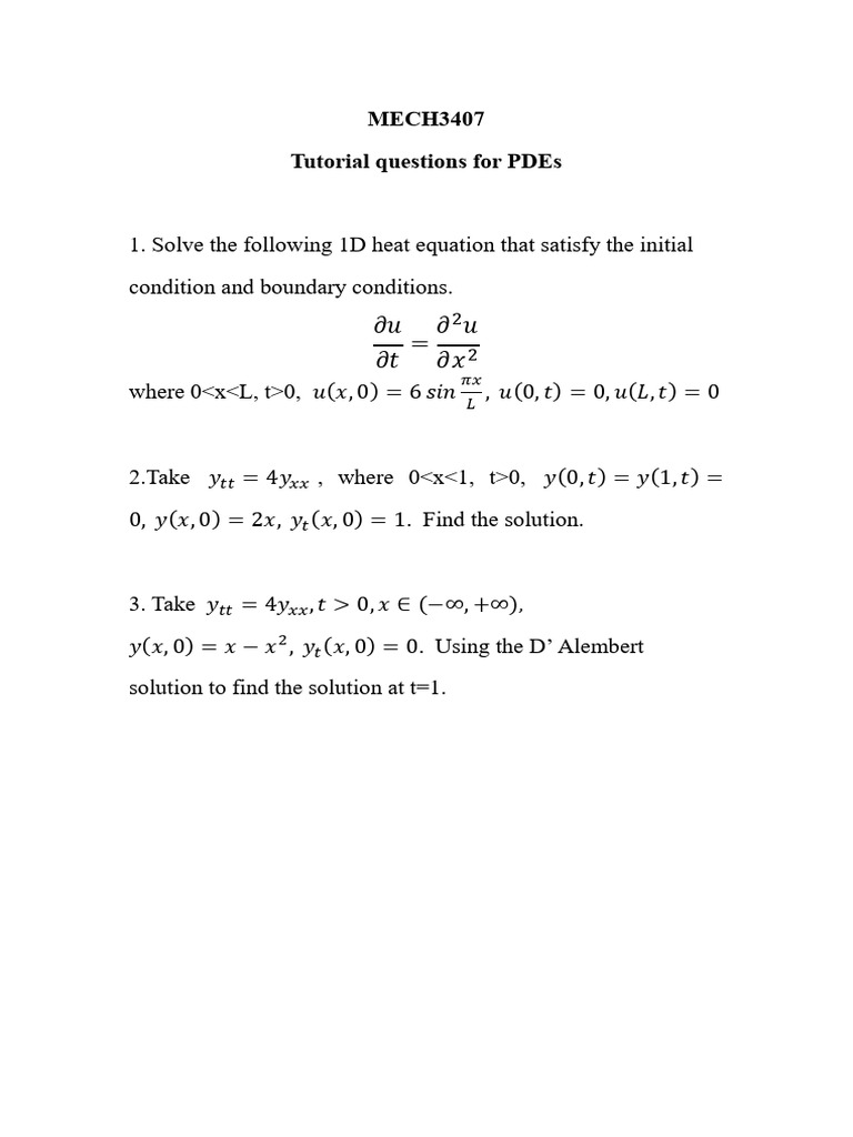 Tutorial Questions for Partial Differential Equations | PDF