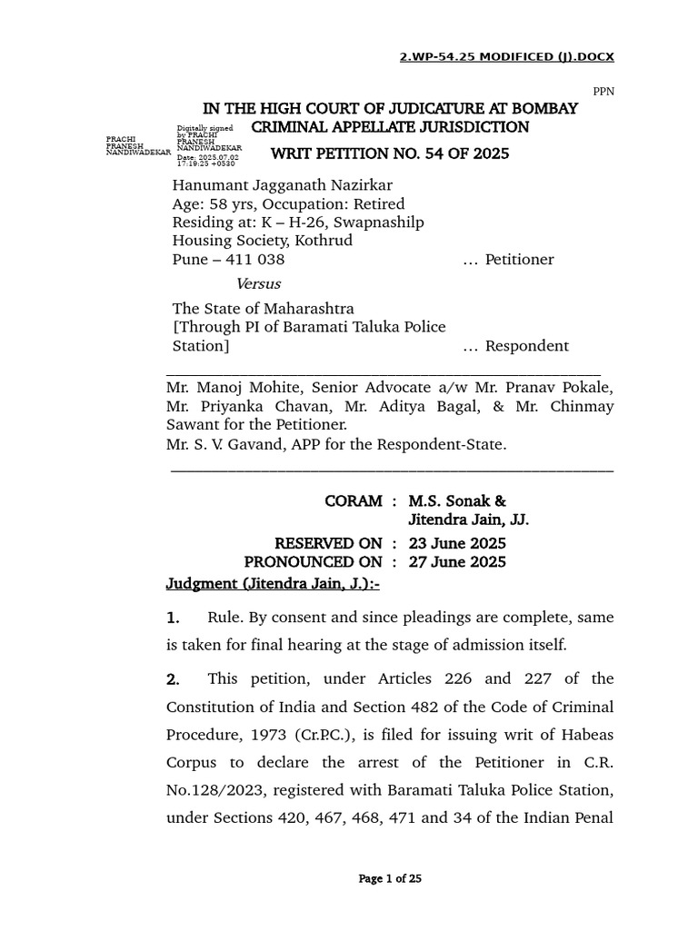 Nazirkar vs. Maharashtra: Habeas Corpus Case | PDF | Arrest | Arrest ...