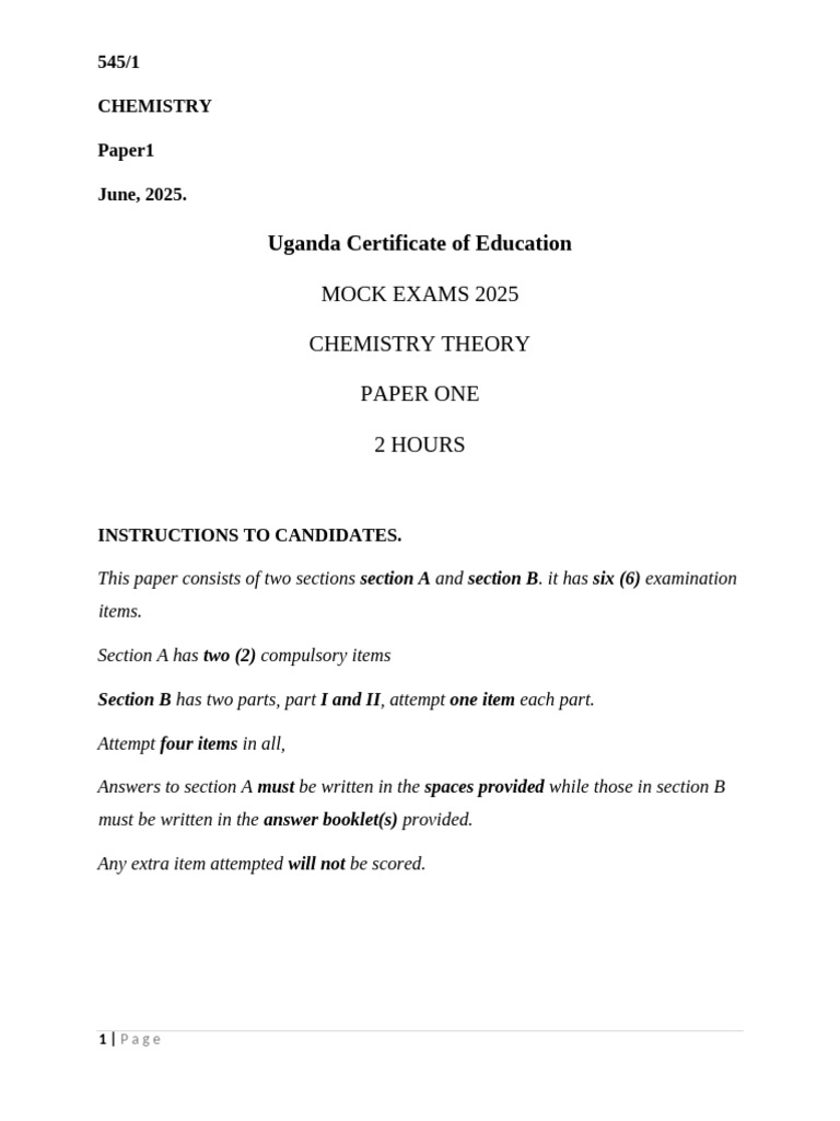 s.4 Chem Pp1 Internal Mock 2025 | PDF | Electrochemistry | Electricity