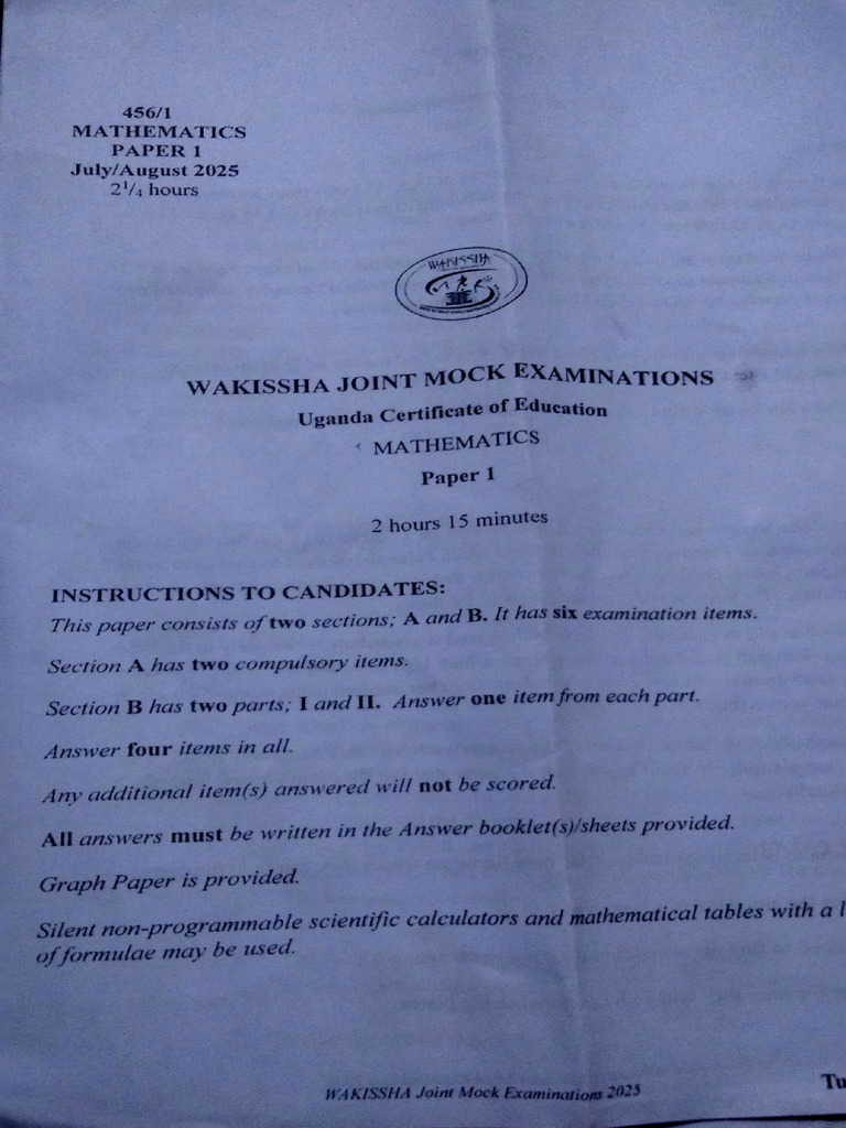 WAKISHA Joint Mathematics Mock 2025 | PDF