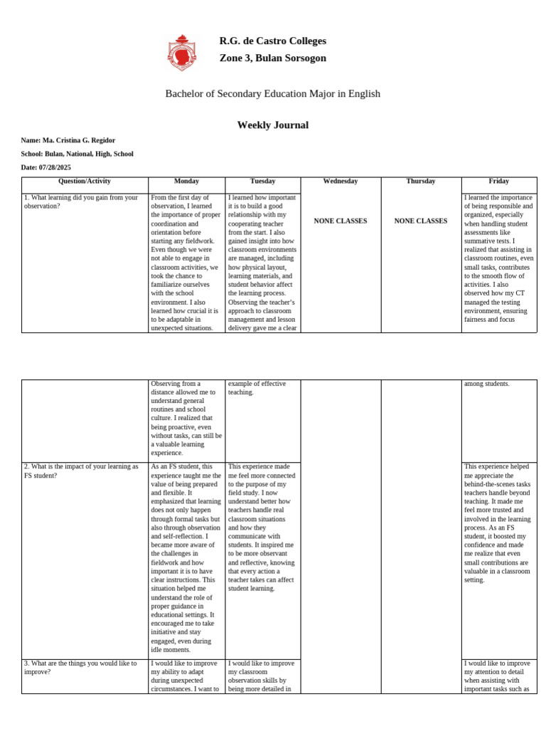 Weekly Journal Template | PDF | Teachers | Learning