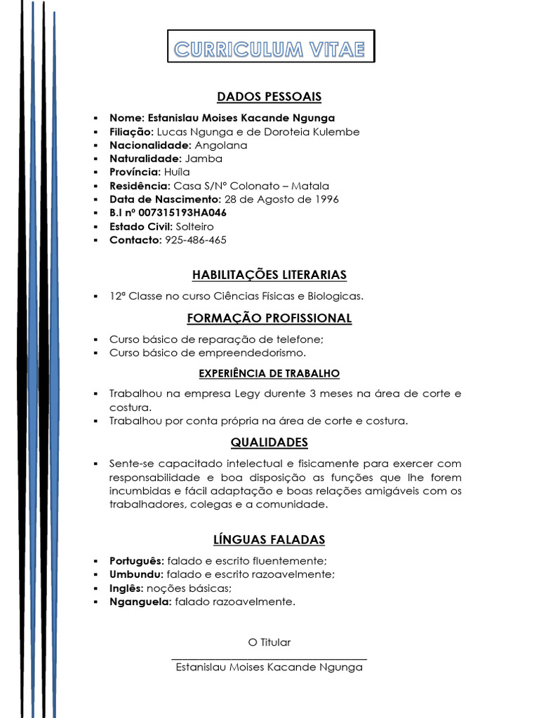CURRICULUM VITAE---Estanislau Moises Kacande Ngunga | PDF