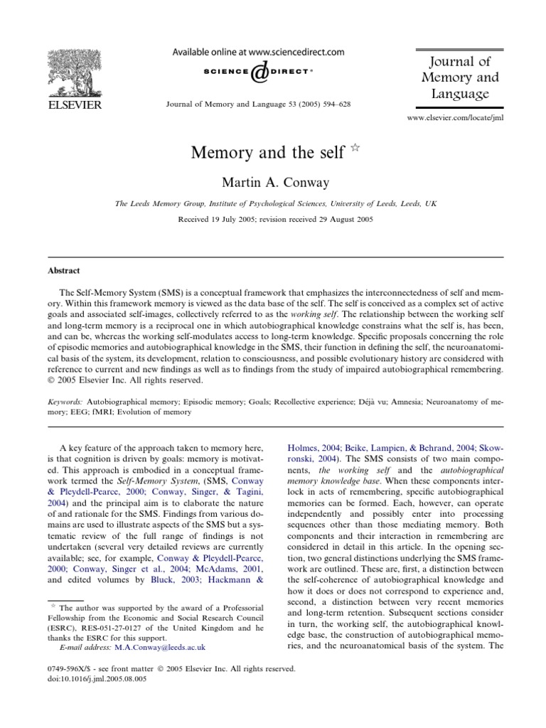 Memory and The Self: Martin A. Conway | PDF | Amnesia | Self