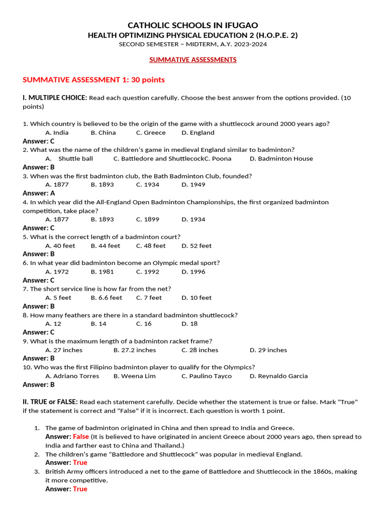PE 11 SA 2nd Sem. Midterm | PDF