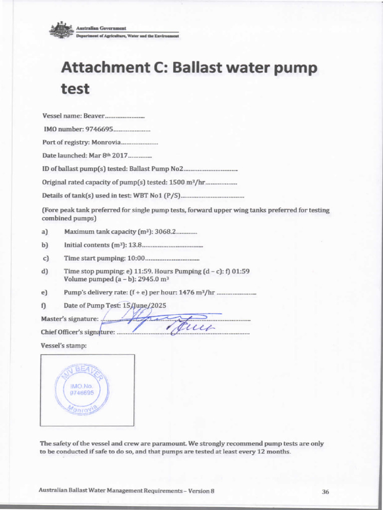 Ballast Pump Test AUS Requirments | PDF