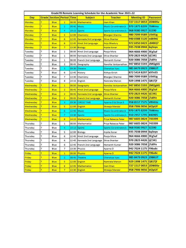 Grade 7 Blue 2021-22 Remote Learning Schedule | PDF