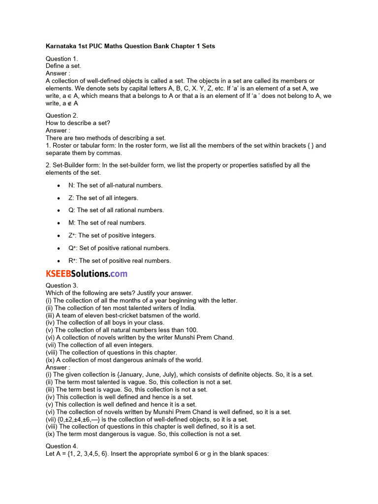 1st PUC Maths: Sets Question Bank | PDF | Prime Number | Numbers