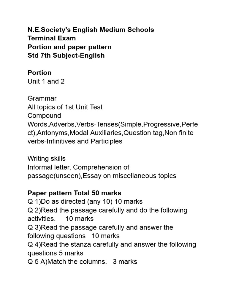 STD 7th English Terminal Portion and Paper Pattern | PDF