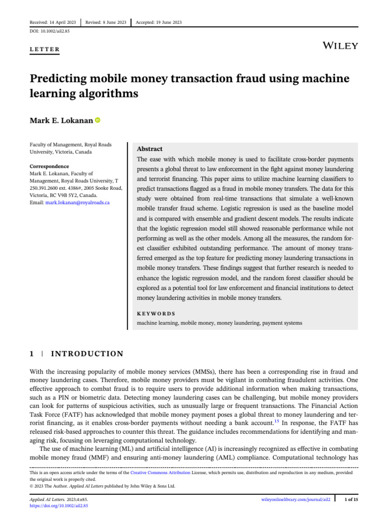 Predicting Mobile Money Transaction Fraud Using Machine Learning Algorithms | PDF | Machine ...