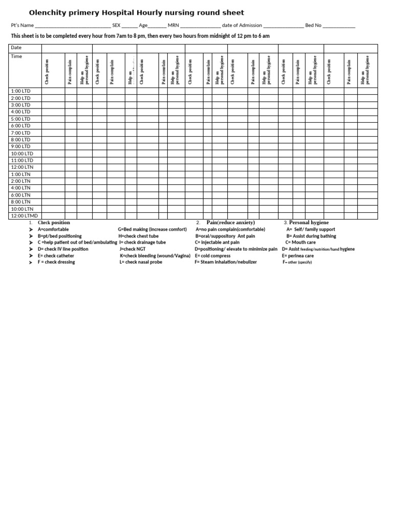 Hourly Nursing Round Sheet Template | PDF | Hygiene | Medical Specialties
