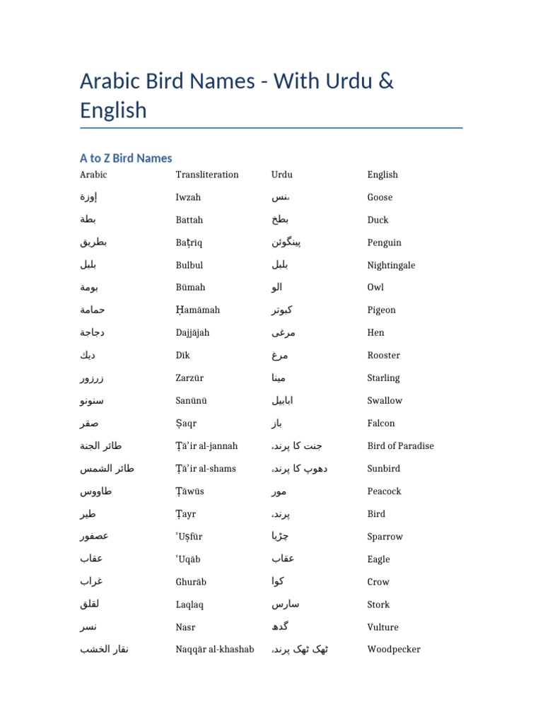 Arabic Bird Names a to Z | PDF