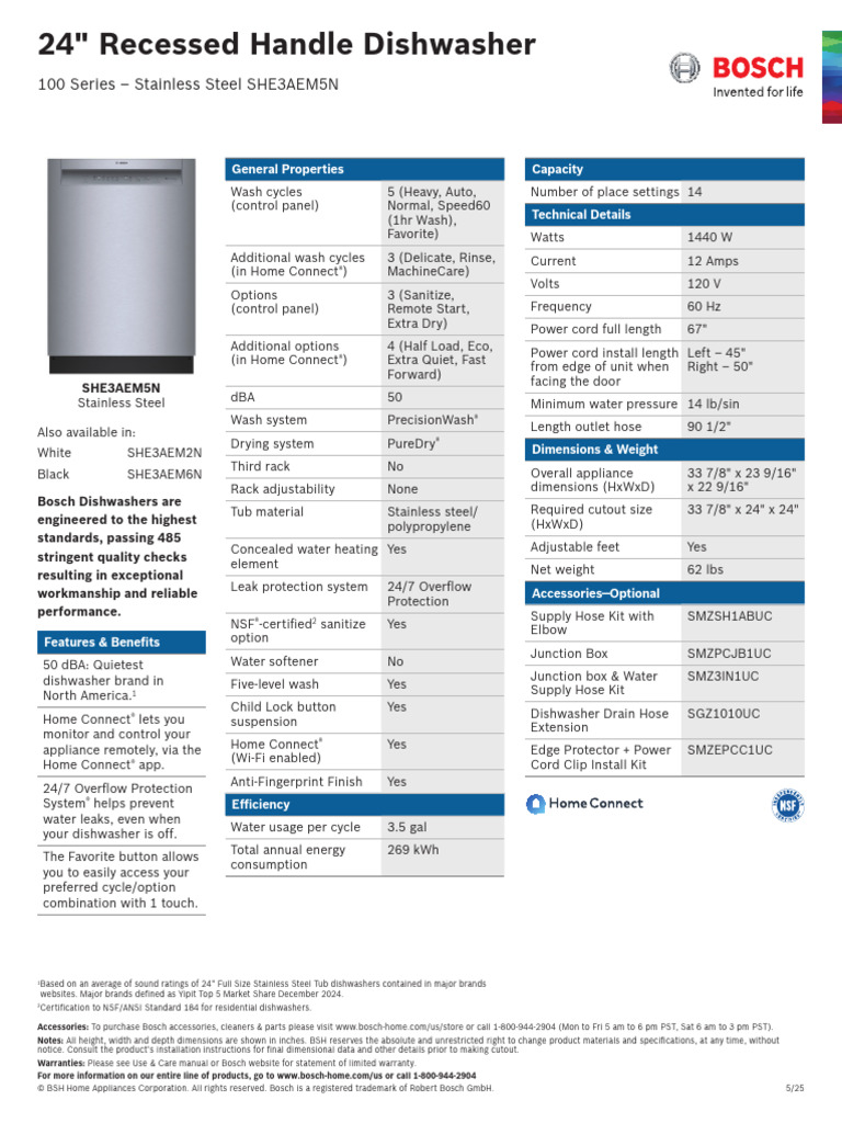 SHE3AEM5N Spec Sheet | PDF | Dishwasher