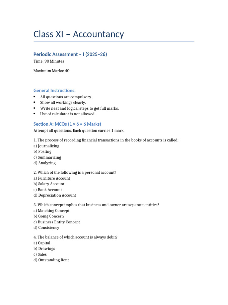 Class XI Accountancy Assessment 2025-26 | PDF | Debits And Credits ...