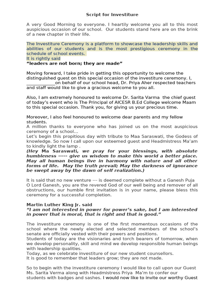 Investiture Ceremony Script | PDF