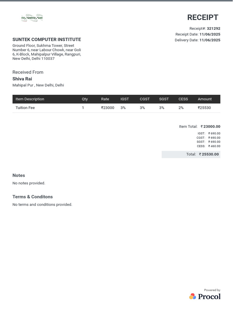 SUNTEK Computer Institute Receipt 321292 | PDF