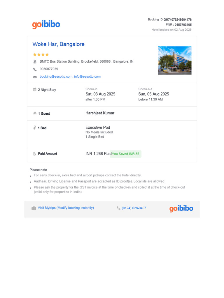 Bangalore Hotel Booking Confirmation | PDF