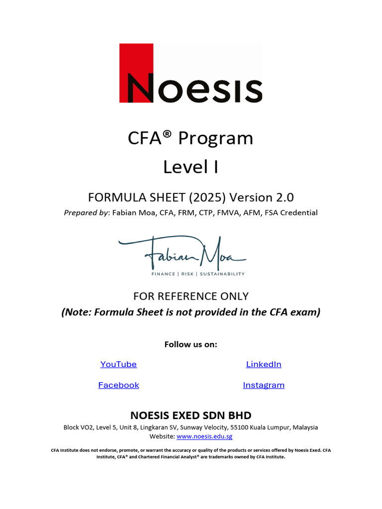 CFA Level 1 Formula Sheet 2025 | PDF | Fixed Income | Derivative (Finance)