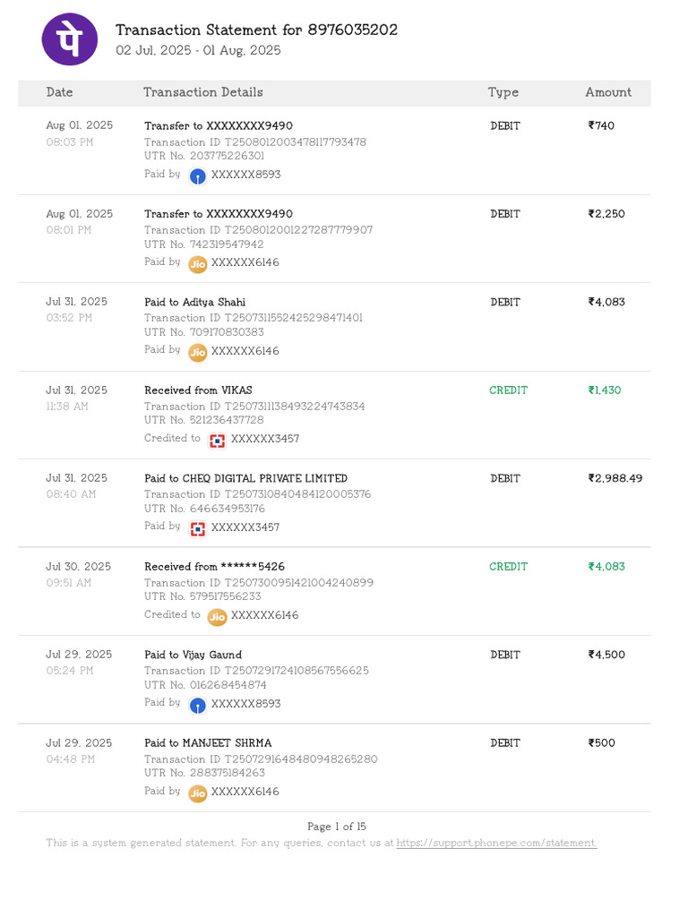 PhonePe Statement Jul2025 Aug2025 | PDF | Debit Card | Debits And Credits