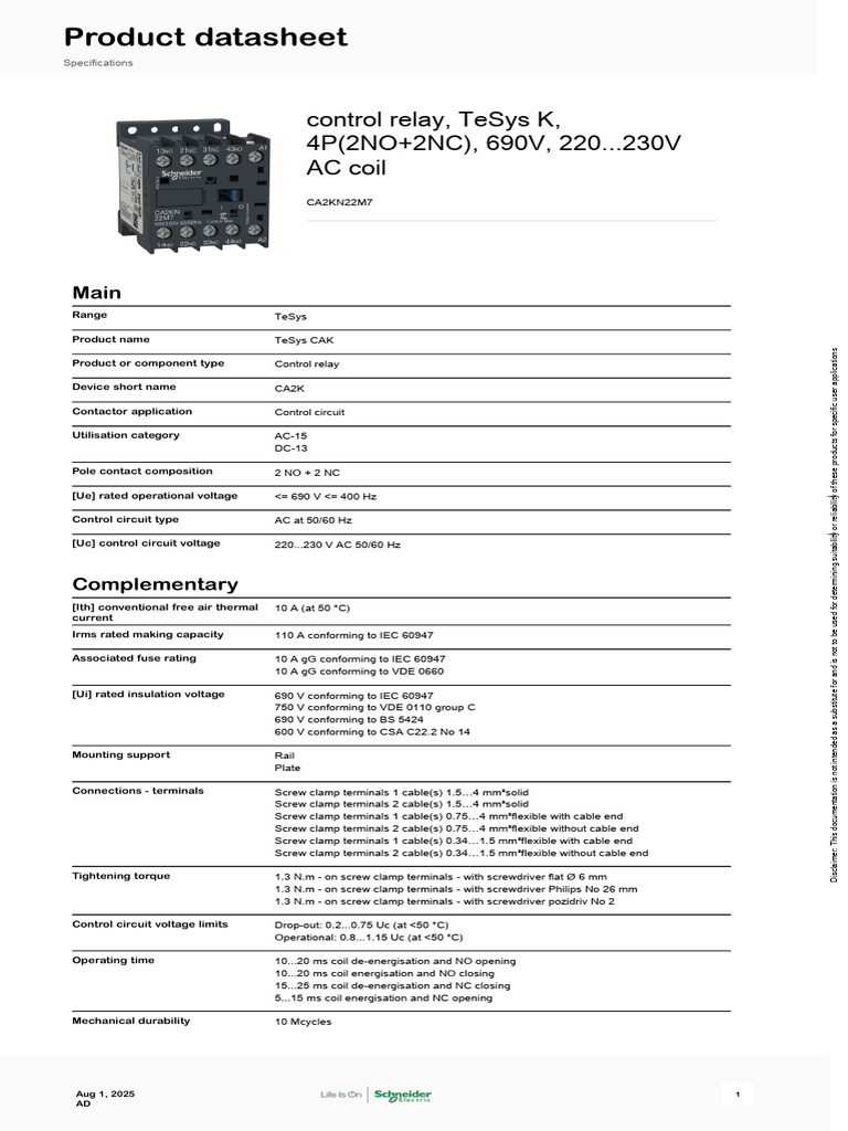 Schneider Electric TeSys-Control-Relays CA2KN22M7 | PDF | Relay ...