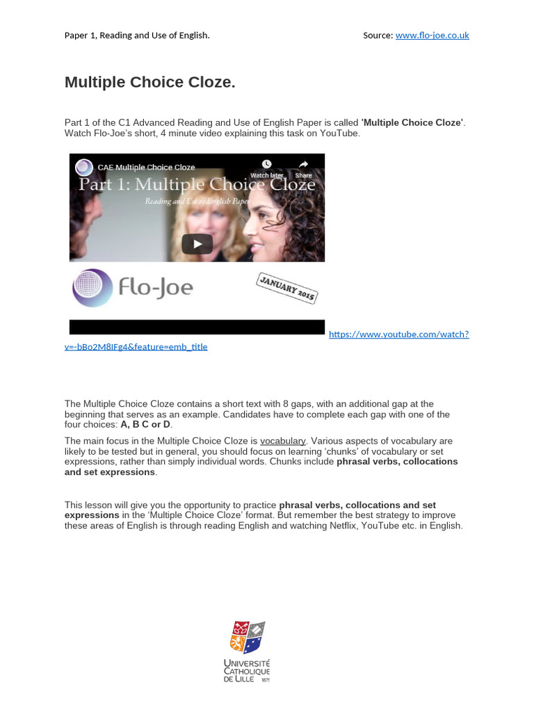 C1 Advanced Multiple Choice Cloze Guide | PDF | English Language ...