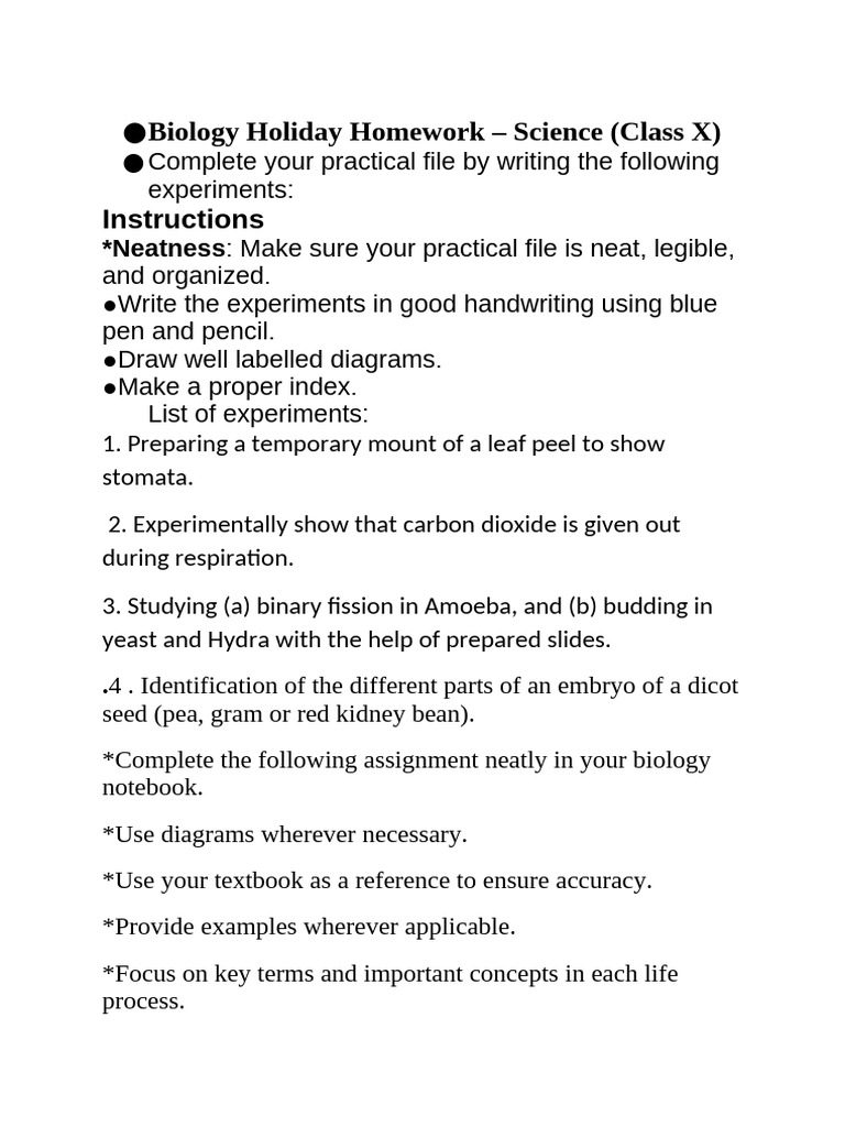 Biology Holiday Homework Class10th | PDF
