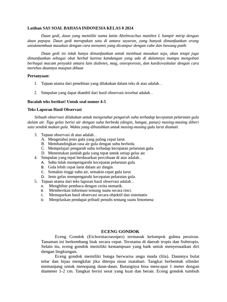 Aica Latihan Soal Bahasa Indonesia Kelas 8 2024 | PDF